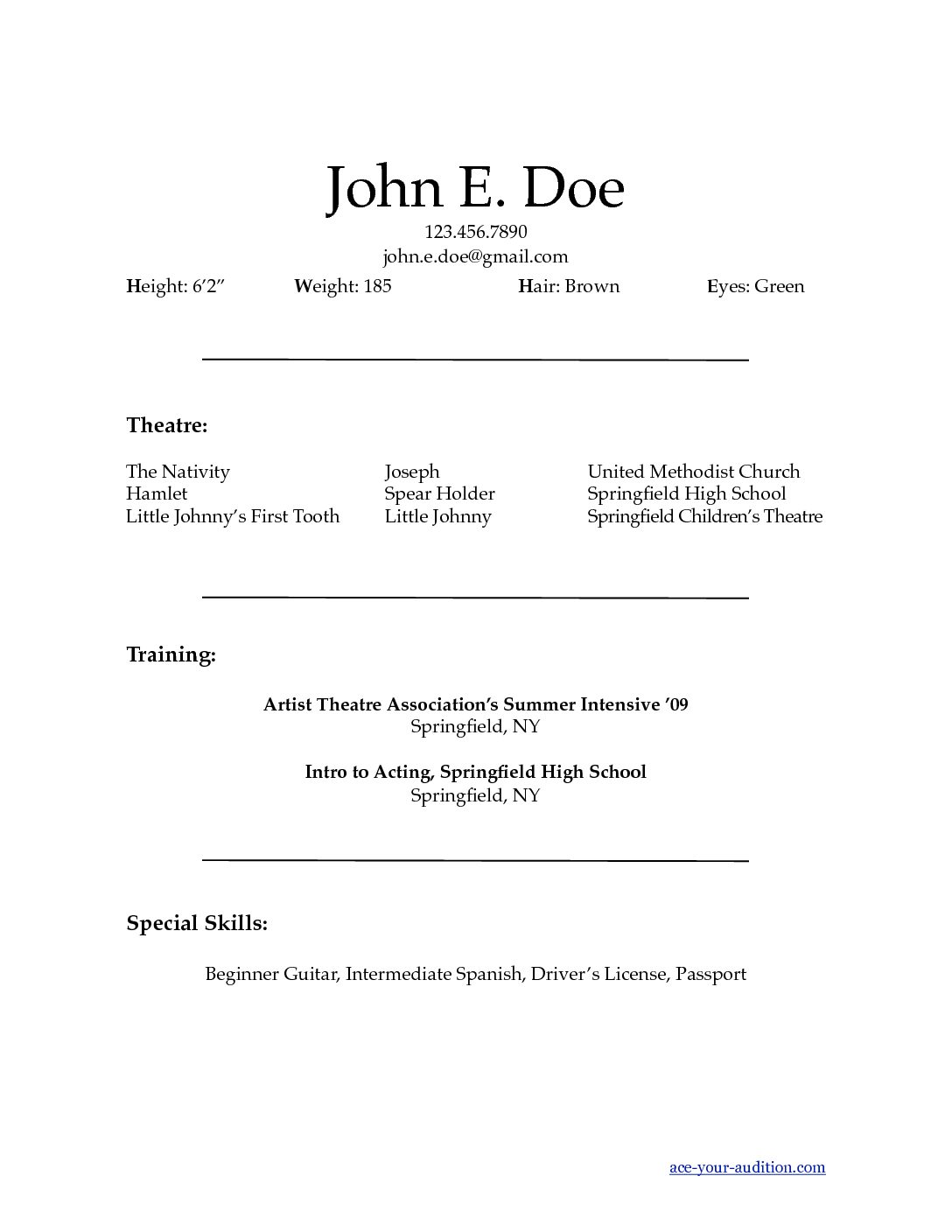 Acting Resume Template For Beginners