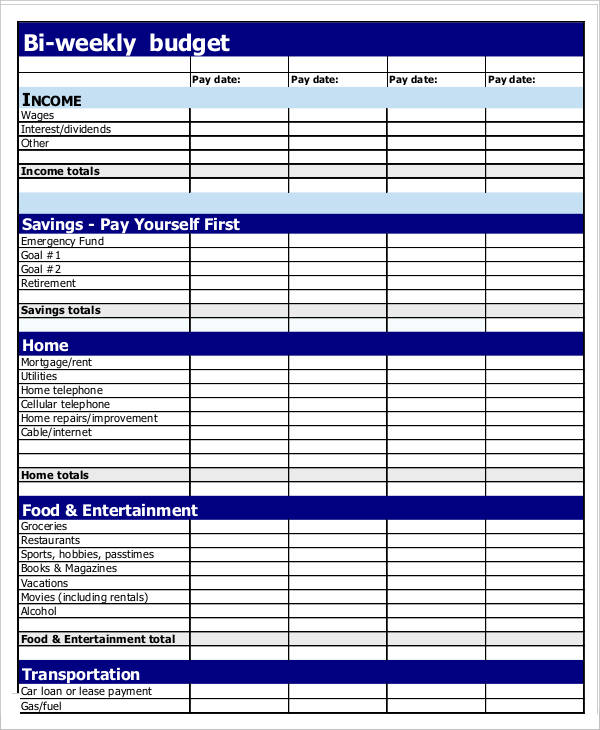 9 Bi Weekly Budget Template