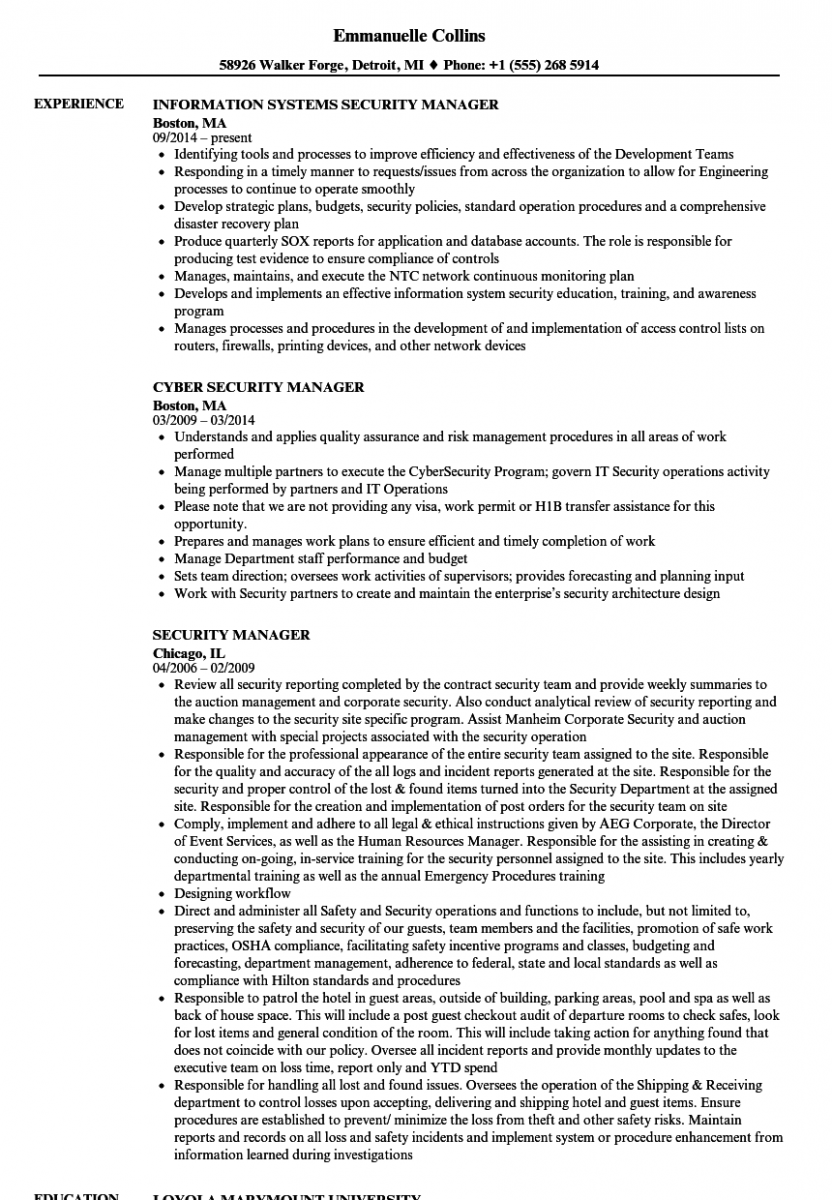 Security Manager Resume