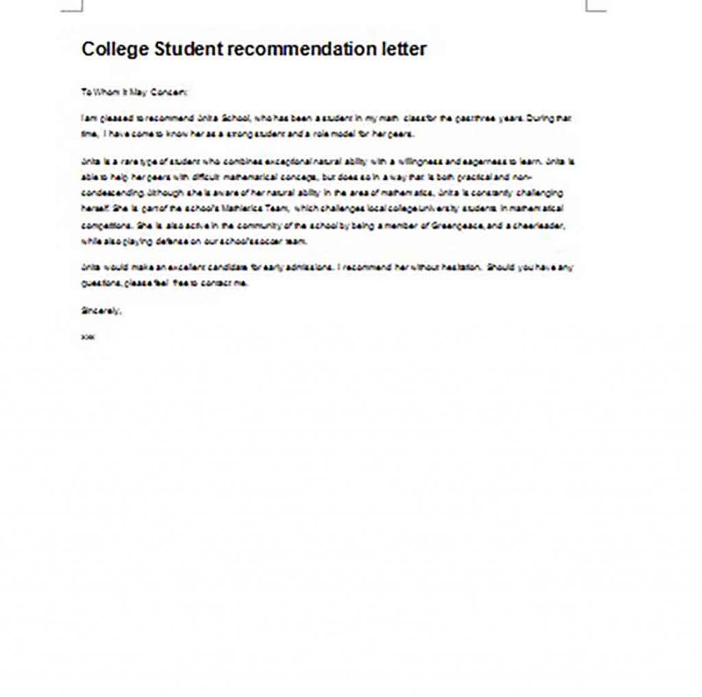 Recommendation Letter Format For College Admission